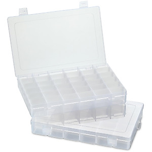 36 Grid Clear Plastic Organizer - Pack of 2- Bead Storage, Craft Organizer, DIY Small Parts Organizer, Jewelry Box, Fishing Tackle Box, Sewing, Nail Storage w/Adjustable Dividers & 5 Sticker Labels