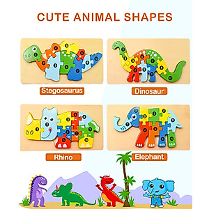 4 Pack Wooden Animal Puzzles for Toddlers 1 2 3 4 Years Old Boys & Girls, Montessori Toys for Kids Ages 1-4 with 4 Animal Patterns, Preschool Educational Toys Bright Vibrant Color Shapes