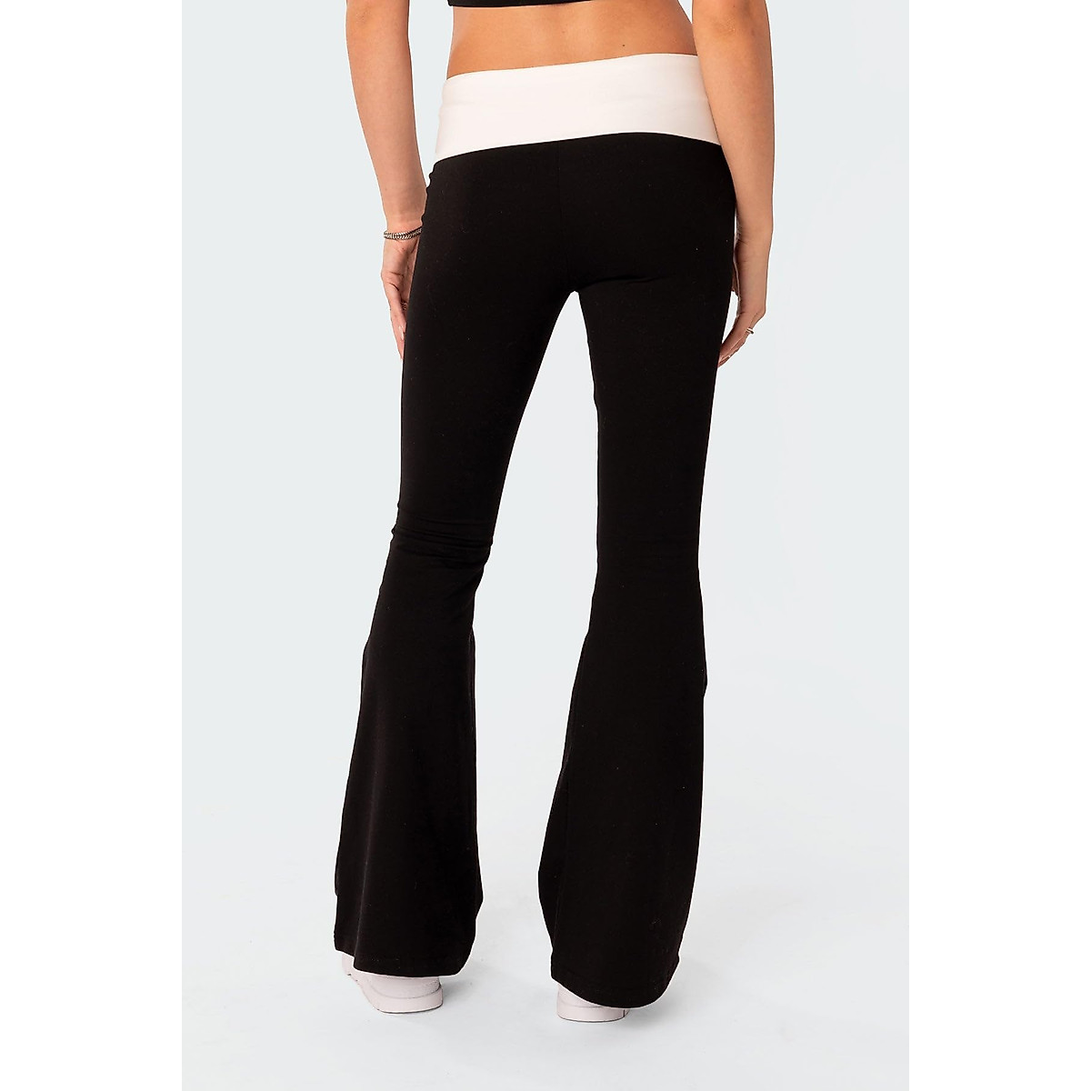 KMBANGI Women Skinny Pants Fold Over Bootcut Stretchy Yoga Flare Leggings Long Y2k Joggers Sweatpants Lounge Streetwear(Lapel Waist Black,S)