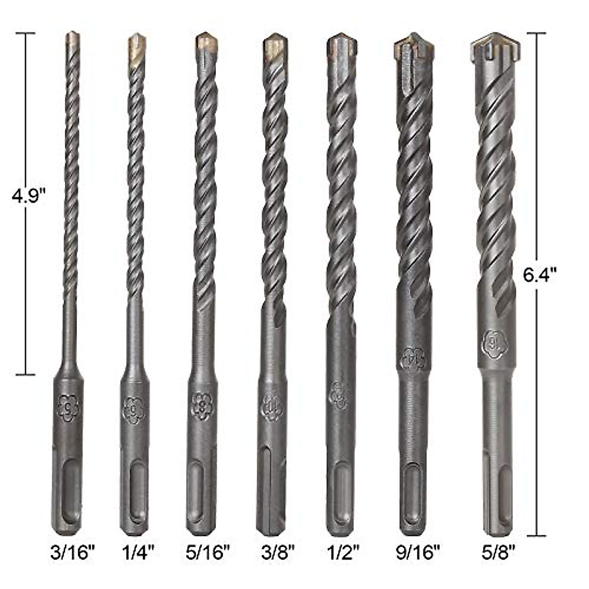 APACALI 9 Piece SDS Plus Masonry Drill Bit Set 3/16" - 5/8" Carbide Tip Rotary Hammer Drill Bits with 3/8 inch SDS-Plus Shank for Brick, Masonry, Concrete, Rock, Ceramic Tile, Cement