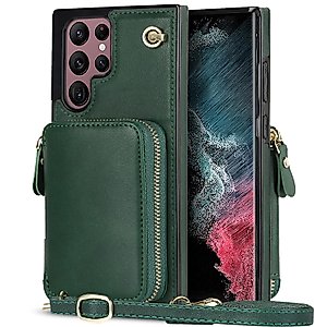 Galaxy S22 Ultra Case Wallet with Card Slot Holder, WARGUZU Crossbody Strap Luxury Leather Handbag Zipper Case for Women Girls Fullbody Shockproof Protective Purse Case for Samsung Galaxy S22 Ultra