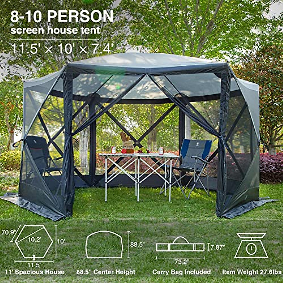 EVER ADVANCED Pop Up Gazebo Screen House Tent for Camping 11.5 ft for 8-10 Person Instant Canopy Shelter with Netting Portable for Outdoor, Backyard