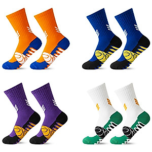 Tphon Basketball Socks for Kids Boys Cushioned Sports Running Training Sock Soccer Athletic Crew Socks for Youth 4 Pairs