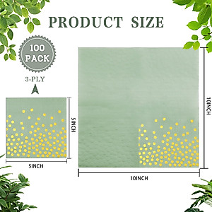 100 Pcs Sage Green Napkins Disposable - Sage Green Cocktail Napkins - 3-Ply Gold Dot Sage Paper Napkins for Birthday Anniversary Dinner Bridal Wedding Party Supplies