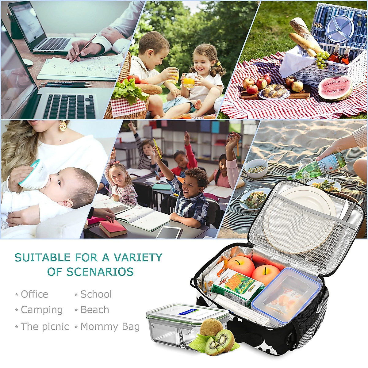 Glaphy Halloween Bats Lunch Bag Insulated Black Lunch Box Cooler Cooling Tote Food Container for Men Women Kids Adults