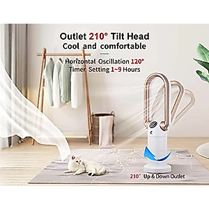 Bladeless Fan and HEPA Air Purifiers Combo, 29 inch Tower Fan with Remote, 120° Oscillating & 270° Tilt Head Table Fan, 9 Speeds 9 HoursTimer Air Circulator for Home Office Bedroom, White/Gold