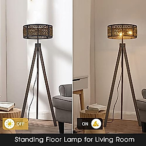 Zhizenl Wood Tripod Floor Lamp, Mid Century Standing Lamp with Rattan Lampshade, 40W E26 Farmhouse Modern Floor Lamp for Living Room, Bedroom, Study, Office