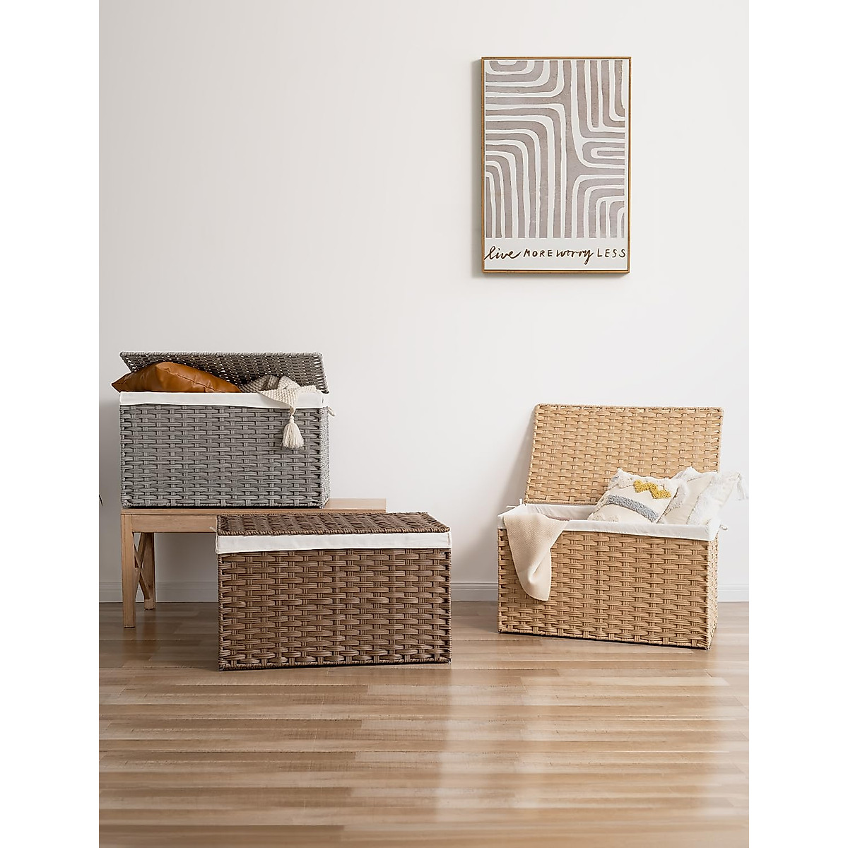 StorageWorks Storage Basket with Lid, 160 Liter Storage Box, Wicker Blanket Storage Basket with Handles, Foldable, Removable Fabric Liner, Metal Frame, For Bedroom, Laundry Room, Brown