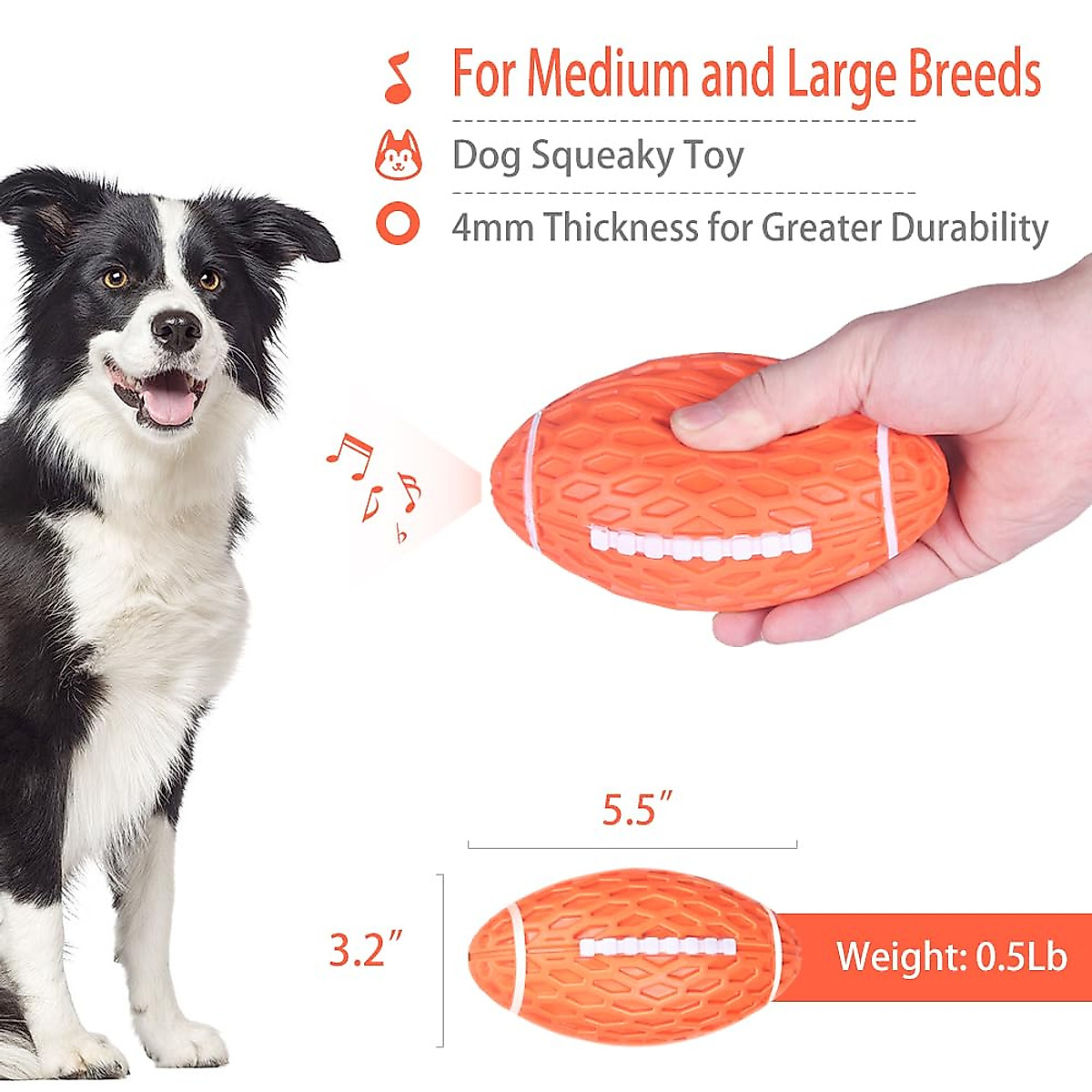 AUSCAT Dog Chew Squeaky Toy Ball, Dog Toy for Aggressive Chewers, Rugby Shape Rubber Chew Ball with Squeaker, Interactive Dog Ball for Fetch Game and Outdoor Play, Orange
