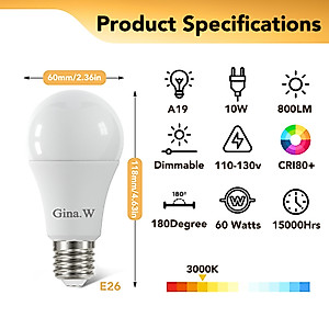 Gina.W led dimmable Light Bulbs 60 watt Soft White Light Bulbs,e26 Light Bulb 800 lumens led Light Bulbs A19 3000K ETL Listed 4 Pack