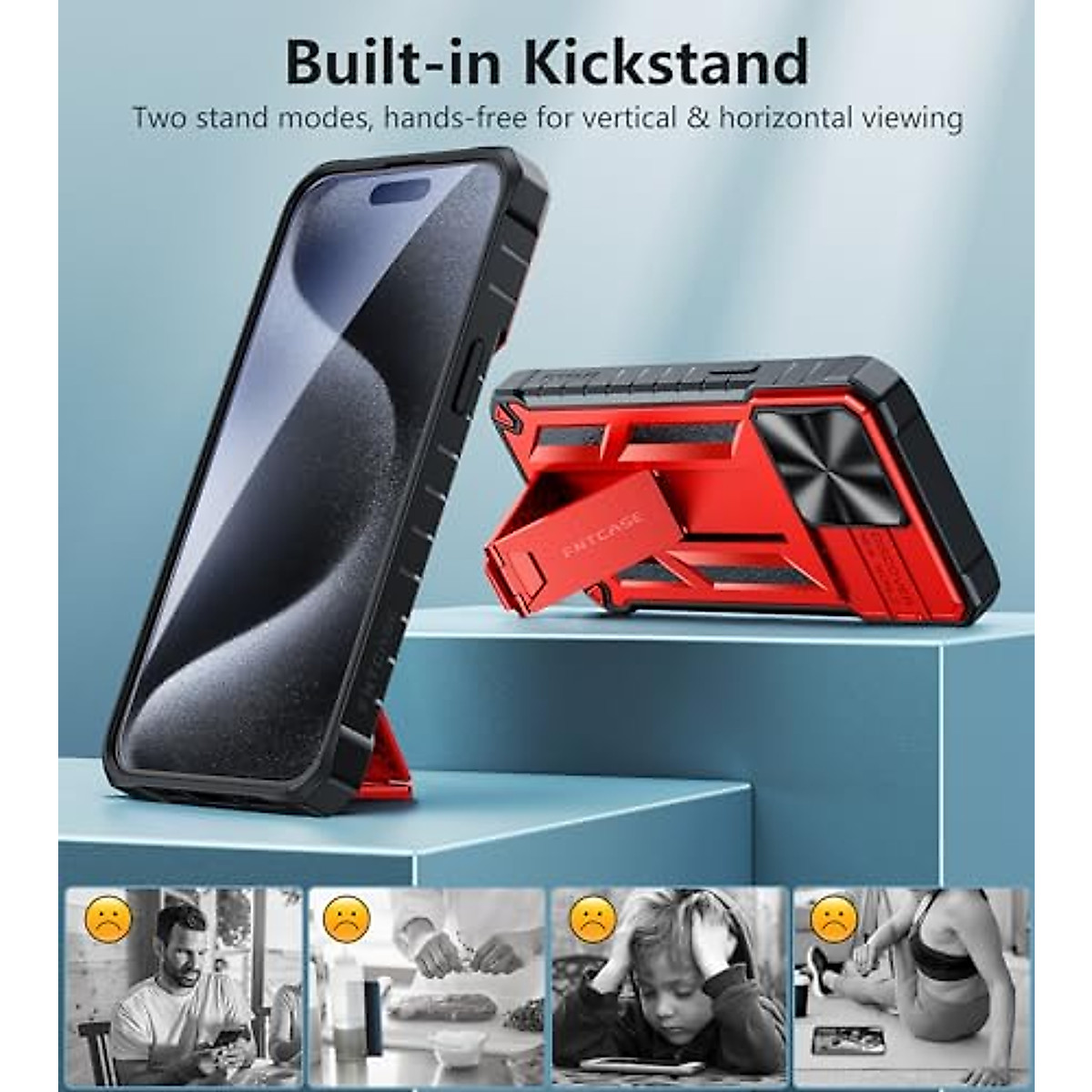 FNTCASE for iPhone 15-Pro-Max Case: Military Grade Drop & Shock Protection Cell Phone Cover with Kickstand & Slide | Rugged Protective Bumper Tough Protector Cases for 15 Pro Max 6.7'' - Red