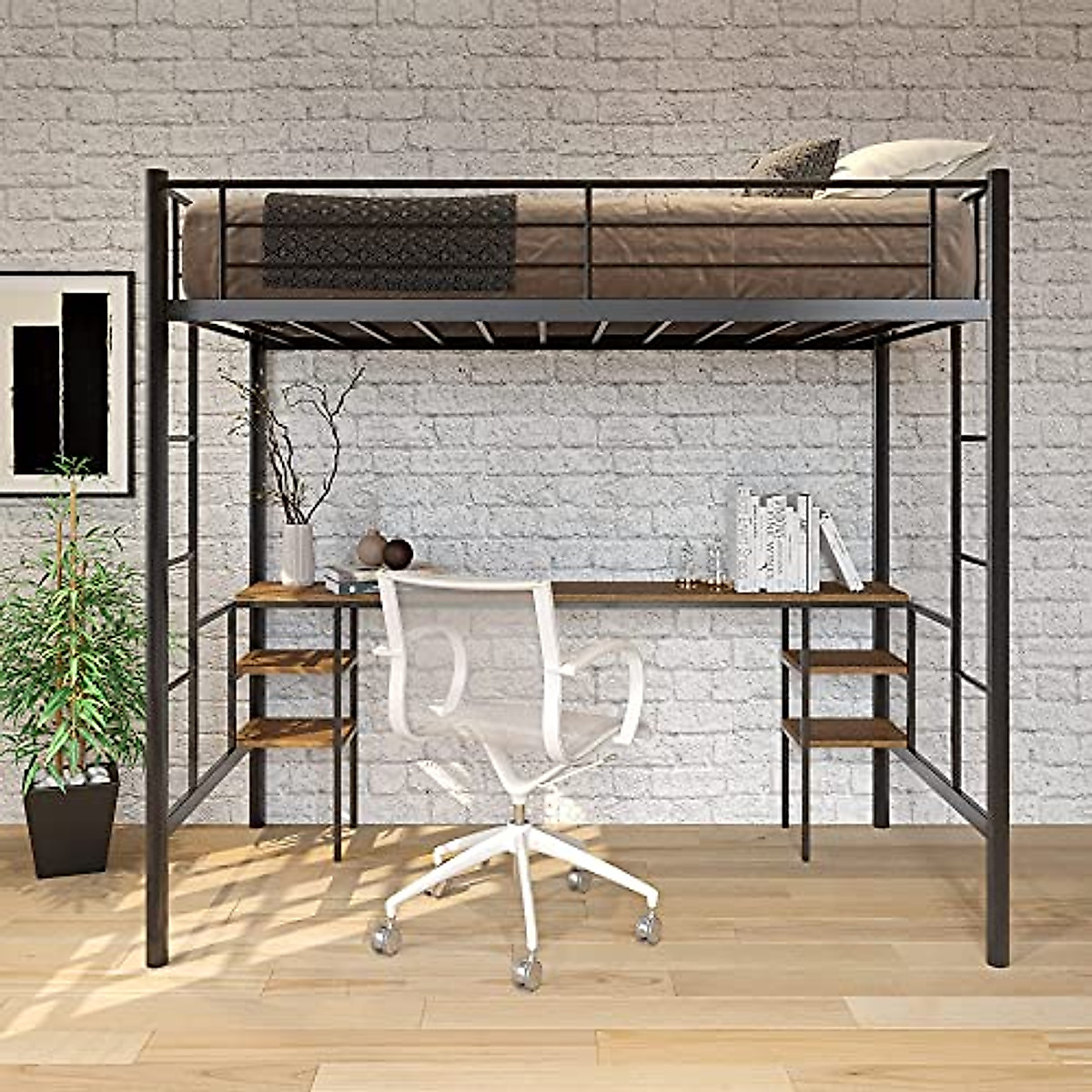Metal Twin Loft Bed with Desk and Storage Shelves, Space-Saving Bed Frame with 2 Side Ladders and Safety Guard Rails for Kids Teens Adults, No Box Spring Needed
