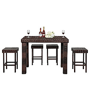 Patio Bar Set,Wicker Outdoor Table and 4 Bar Stools,5 Piece Patio Furniture Bar Set PE Wicker Patio Furniture Outdoor Bar Set for Poolside,Backyard,Garden,Porches (Brown-5 Pcs)
