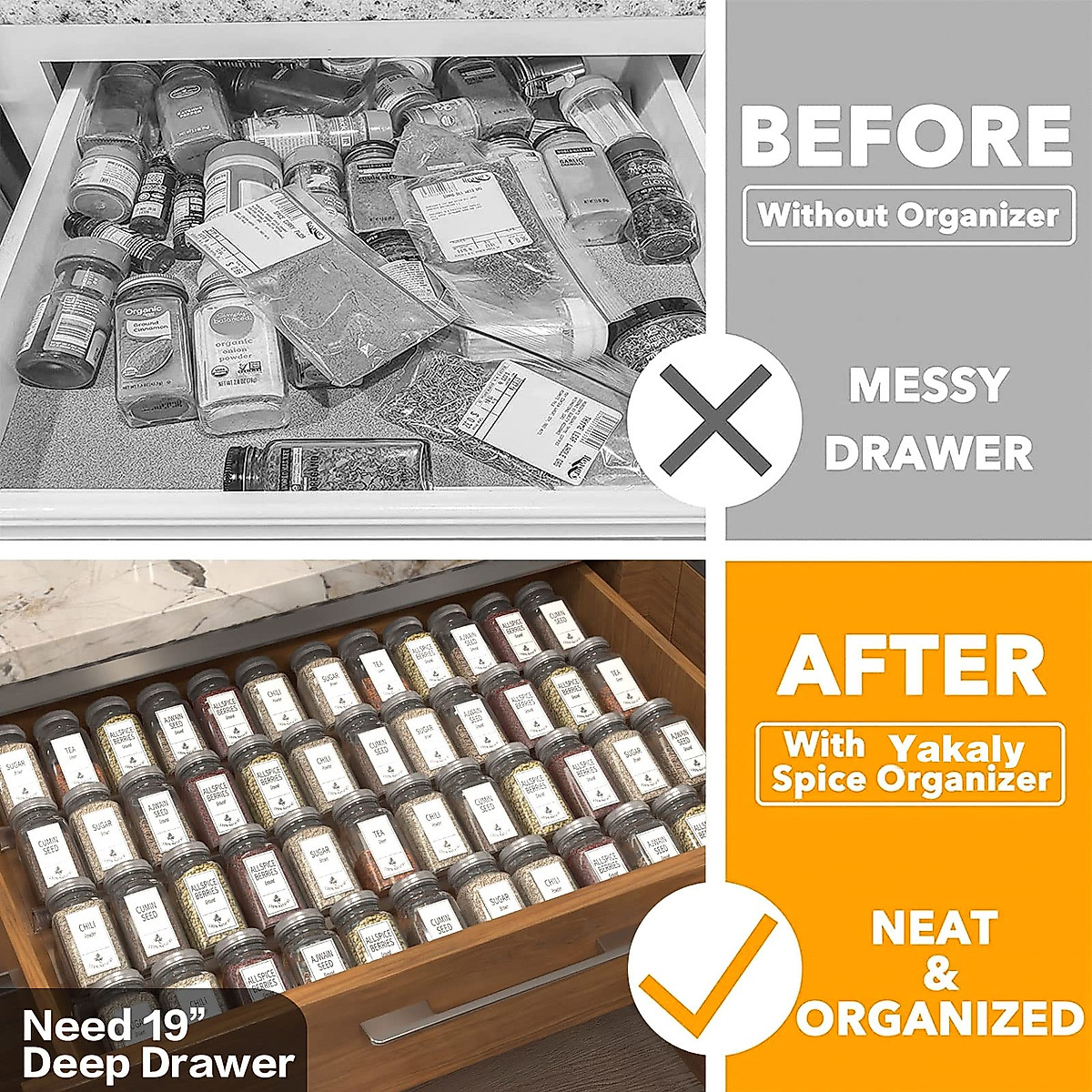 Yakaly Clear Acrylic Spice Drawer Organizer, Expandable 13" to 26" - 4 Tier 2 Sets(8 Pieces) In Drawer Seasoning Jars Insert , Drawer Spice Rack for Kitchen Cabinet Drawer/Countertop