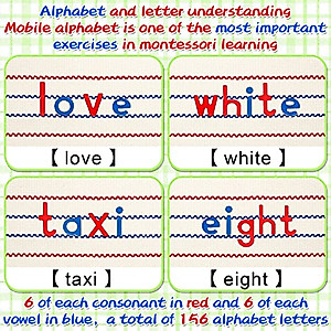 Montessori Letters Movable Wood Alphabet with Box and Large Mat Small Wooden Alphabet Letters Montessori Trays Preschool Spelling Learning Language Materials Objects, Red, Blue