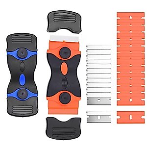 Kare & Kind 2x Double-Edged Razor Scraper - Plastic and Metal Edges - Scrape Stickers, Labels - Clean Cooktops, Walls, Glass, Windows - Includes 24x Plastic Blades, 12x Metal Blades - (Orange/Blue)