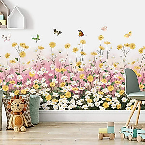 2 Sheets Yellow Daisies Flowers Wall Decals Small Fresh White Chrysanthemum Wall Stickers Pink Gypsophila Wall Art Murals for Baby Kids Girls Bedroom Living Room Corners Skirting Lines Waist Lines