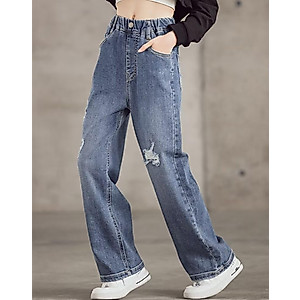 Sitmptol Teen Girl's High Waisted Straight Leg Ripped Jeans Washed Denim Pants with Pockets Wide Leg Blue Ripped 160 11-12 Years