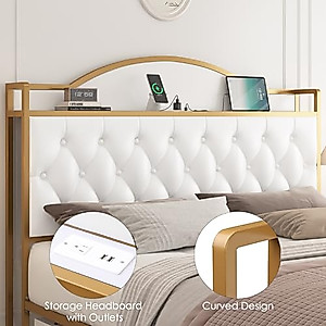 HITHOS Queen Bed Frame, Storage Headboard with Charging Station, Button Tufted Platform Bed with 2 Drawers, Upholstered Bed with 51.6" Tall Headboard, Gold Metal Frame, No Box Spring Needed, White