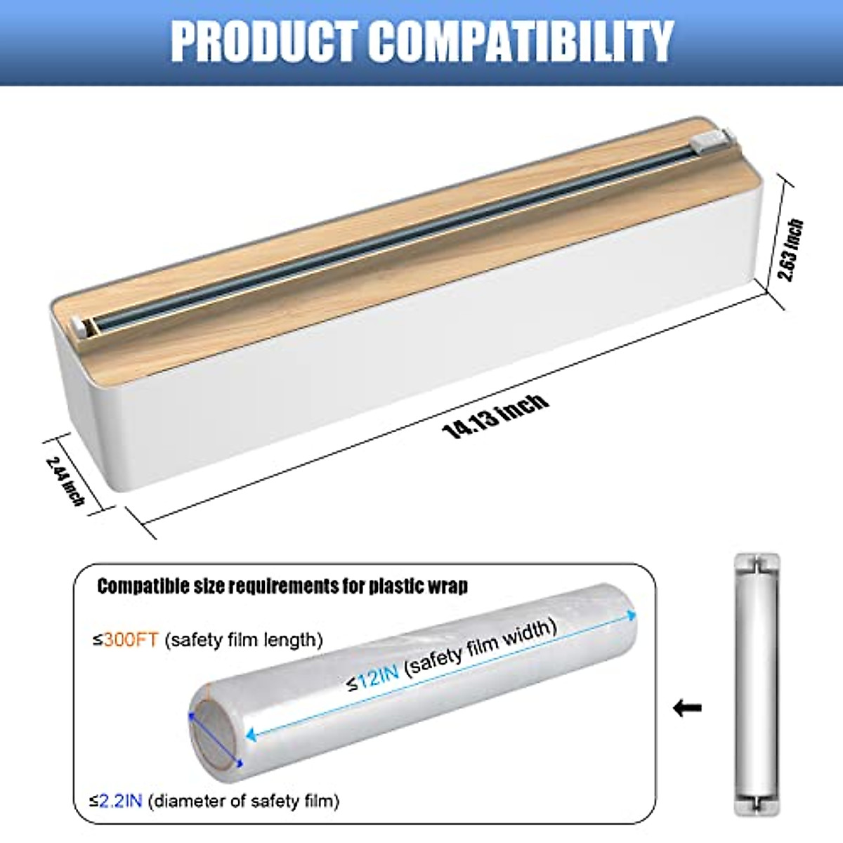 leQuiven Plastic Wrap Dispenser with Slide Cutter, Reusable Cling Film Dispenser, Double Elastic Buckle Adjustable Length for Aluminum foil, 1 Roll Plastic Food Wrap Included (Bamboo Wood Pattern)