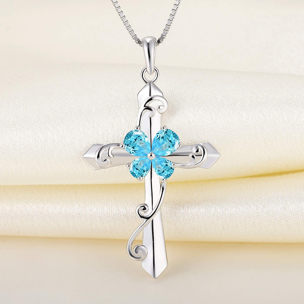 YL Women's Butterfly Cross Necklace Sterling Silver Created Aquamarine Leaves Pendant Crucifix Jewelry for Women