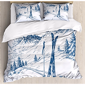 Ambesonne Winter Duvet Cover Set, Sketchy Graphic of a Downhill Ski Elements in Snow Relax Calm View, Decorative 3 Piece Bedding Set with 2 Pillow Shams, California King, Blue White