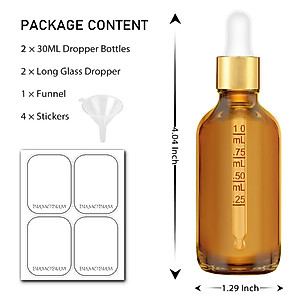 Bumobum Dropper Bottle Amber 1 oz, 30 ml Glass Dropper Bottles with Golden Top Cap for Essential Oils, 2 pack Tincture Bottle with Labels and Funnel
