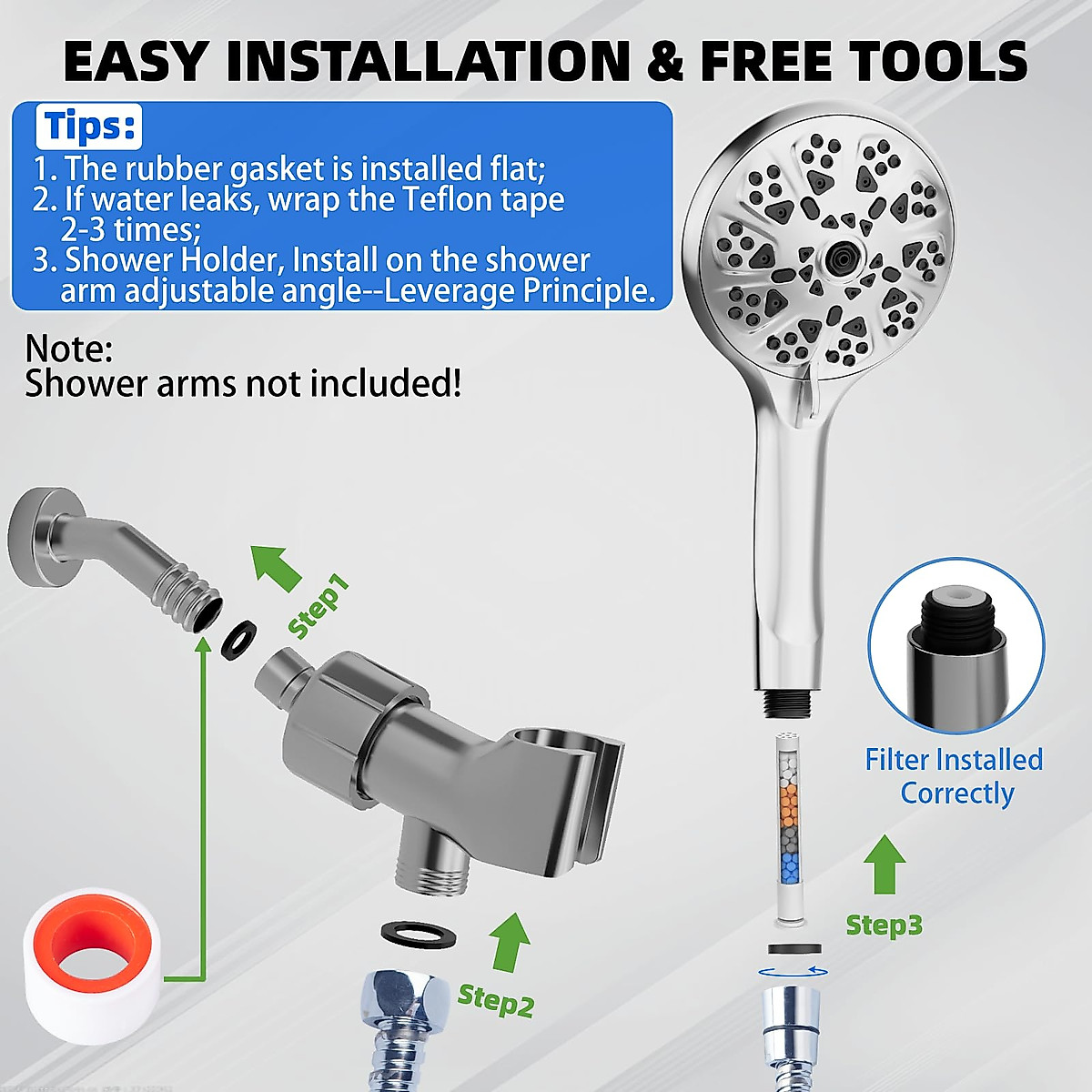 Gyierwe 5"Hand Shower Head, High-Pressure 10 Spray Settings, 59"Stainless Steel Shower Hose and 360° Adjustable Bracket, Quadruple Filtration Design to Improve Water Quality and Make Bathing Healthier