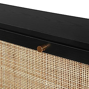 Goujxcy Rattan Shoe Cabinet with 3 Flip Drawers 1Door& Drawer, Modern 3-Tier Shoe Rack Storage Cabinet for Heels, Boots, Slippers, Free Standing Shoe Rack for Living Room Entrance Hallway (Black)