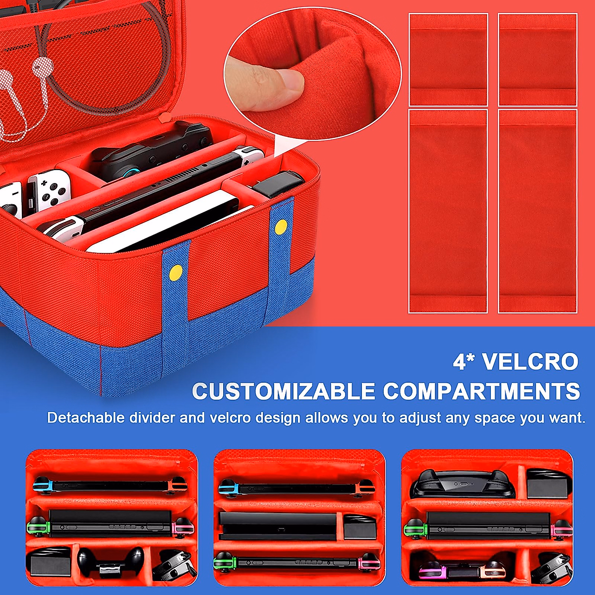 Cute Switch Carry Case for Nintendo Switch/Lite/OLED, Portable Soft Shell Waterproof Protective Storage Travel Carrying Case Messenger Bag Oxford for NS SD Console Dock JoyCons Accessories, Blue & Red