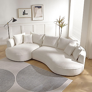 WILLIAMSPACE 124.8" Modern Curved Sofa Couch, Upholstery Boucle Sofa Couch with Pillows, Left Hand Facing Sectional Boucle Fabric Couch for Living Room (Left-Facing,Light Cream)