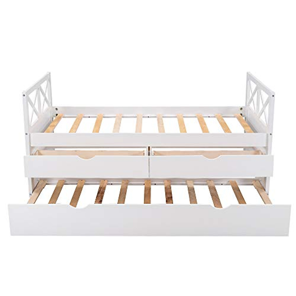 OYN Wooden Twin Multi-Functional Daybed Frame Set with X Headboard,Storage Drawers and Trundle for Children Teen Boys and Girls, White