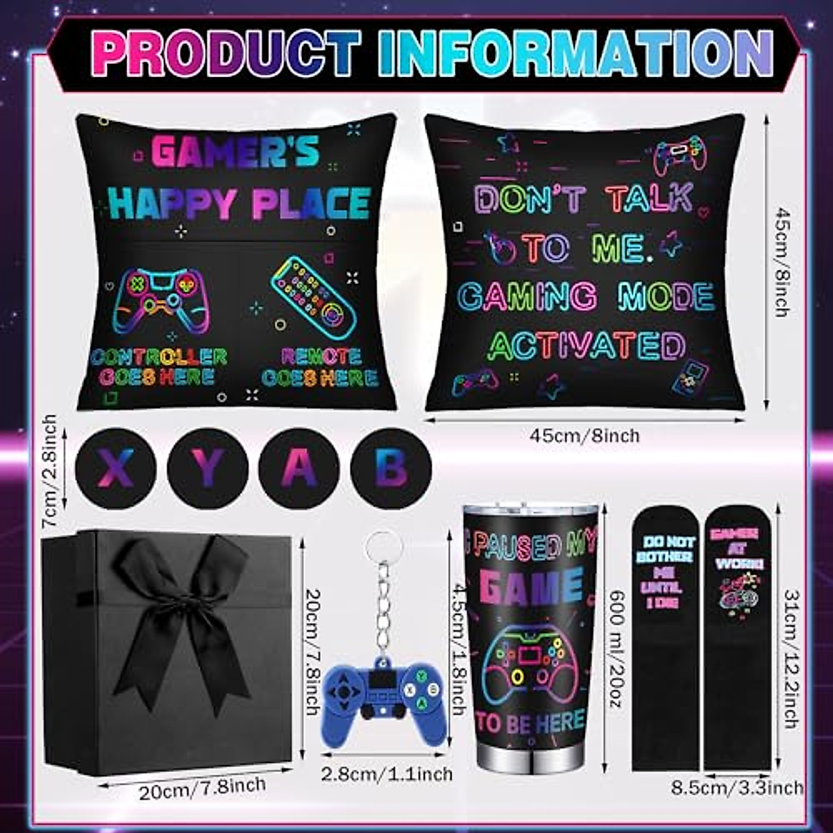 Pickmesh 12 Pcs Gamer Gifts Gaming Gifts for Men Father Him Video Box Include Pillow Cover Tumbler Socks Coaster Keychain for Boyfriend Husband Birthday