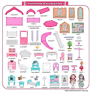 Doll House for 3 Year Old Girls,4-Story 13 Rooms Doll House,Fully Furnished Dollhouses w/Lights,Play Mat and Upgraded Doll,Play House Accessories,Elevator and Slide,Gift Toy for Kids 4 5 6 7 8 to 12+