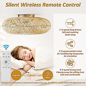 hummingbird Boho Ceiling Fan with Lights Flush Mount, 20 Inch Rattan Caged Ceiling Fans with Light and Remote Control, Bamboo Enclosed 6 Speeds for Bedroom, Living Room