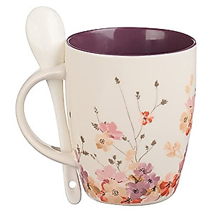 Christian Art Gifts Coffee and Tea Scripture Mug with Ceramic Spoon Set for Women: Be Still and Know - Psalm 46:10 Inspirational Bible Verse Message Hot & Cold Beverage, Purple/White Floral, 12 oz.