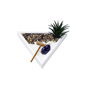 Nature's Mark Mini Zen Garden Kit for Desk with Rake, White Sand, White Triangle Base, Crystal Rock, Mini River Rocks and Air Plant, (7Lx6W Triangle W)