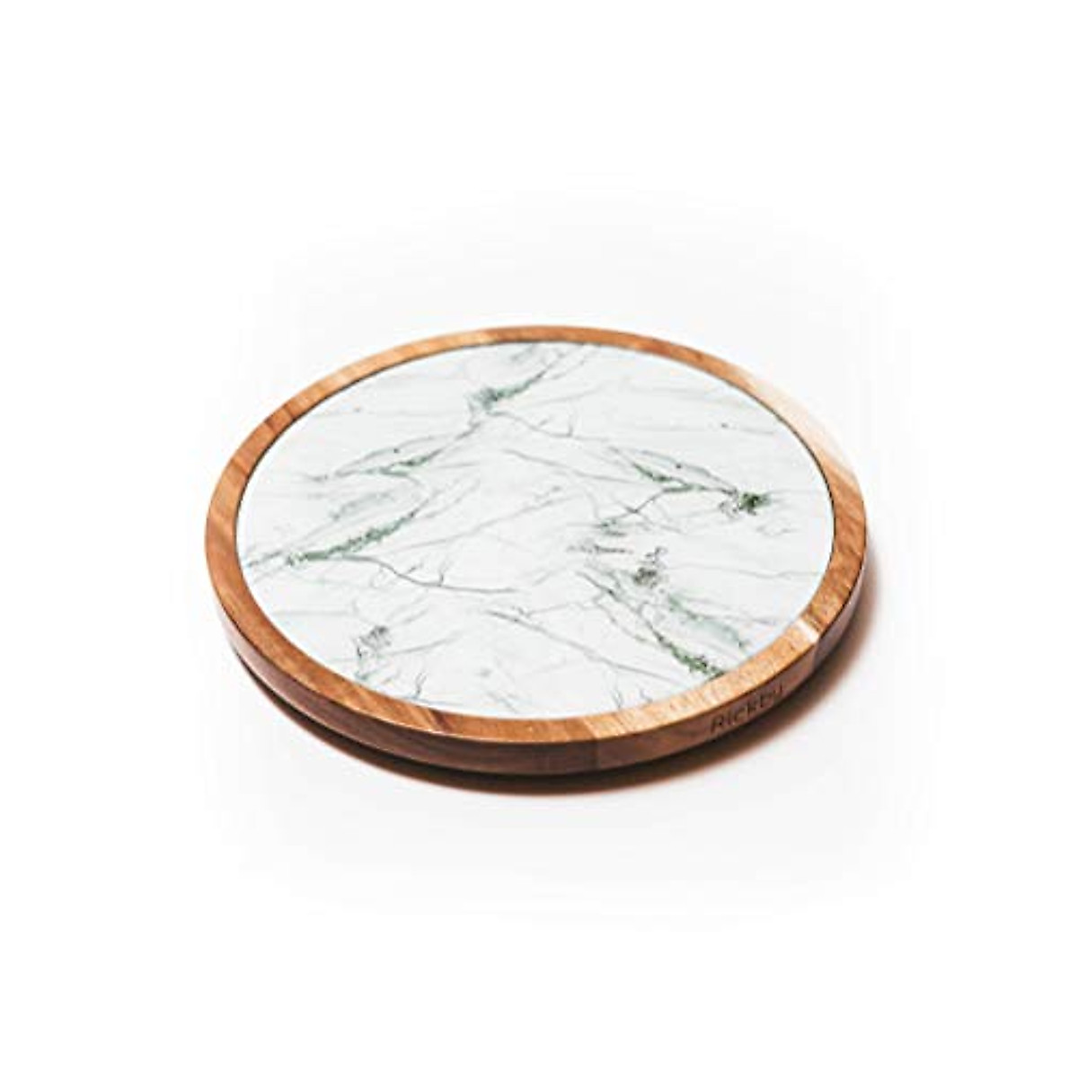 12" Acacia Wood Lazy Susan Turntable for Table Top With Removable Marble Texture Glass Plate for Dining Table Turntable Wooden Lazy Susan for Countertop