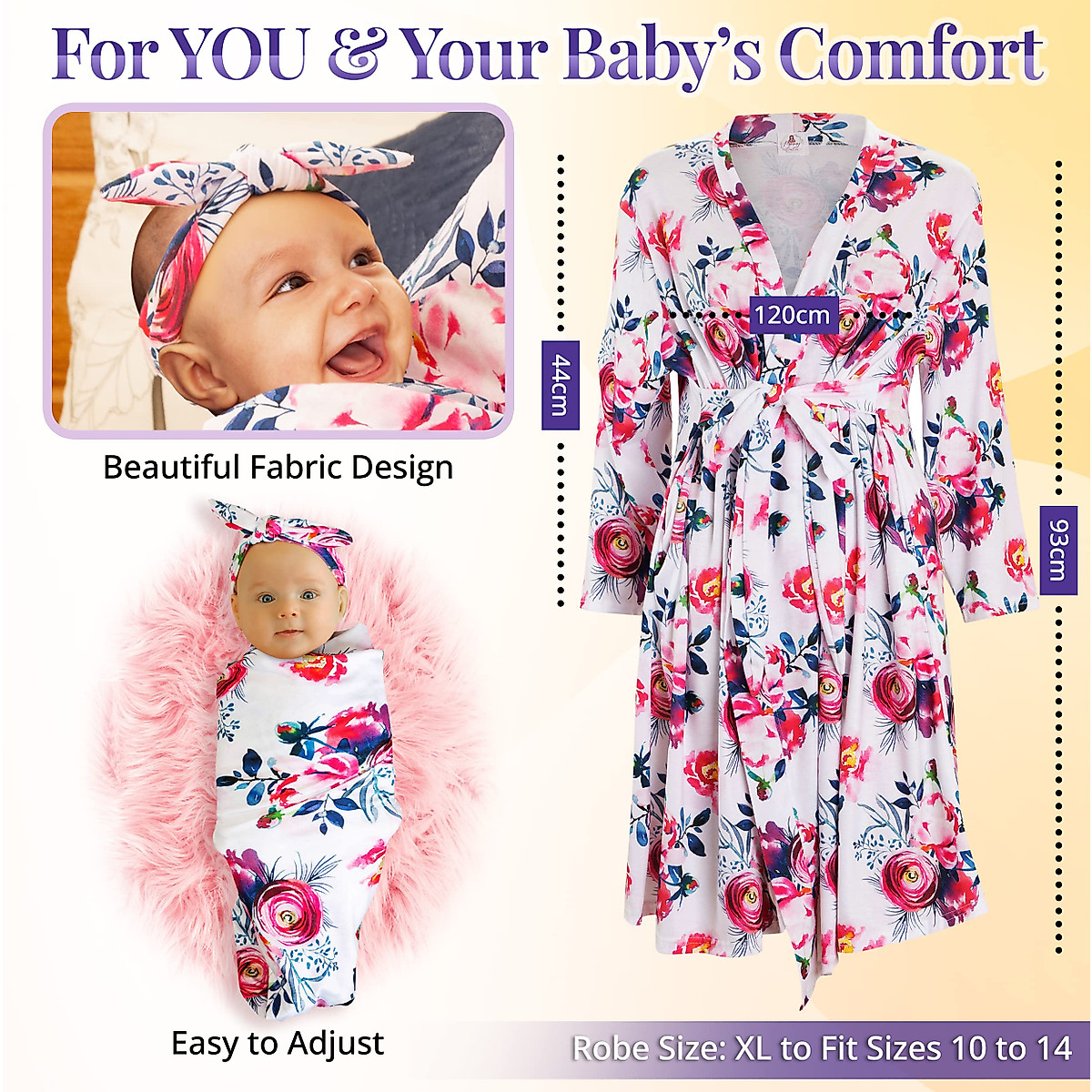 EPORMOT Mommy and Me Robe and Swaddle Set - Maternity Robe & Baby Swaddle Blankets - Matching Maternity Robe and Matching Baby Set - Soft & Comfortable Newborn Swaddle Blanket