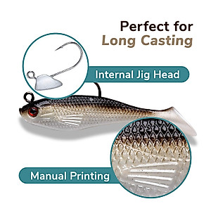 Soft Fishing Lures with Lead Head Hook, Slow Sinking,Jerking, Freshwater or Saltwater Swimmer for Bass Trout Pike Fishing kit with Tackle Boxes (5PCS)