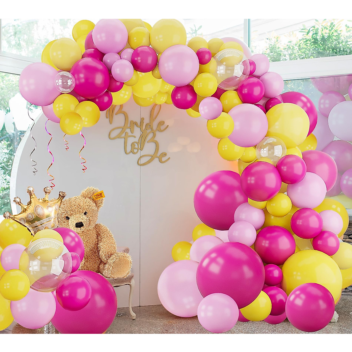 Hot Pink Yellow Balloons Arch Garland Kit-148Pcs Pink Yellow Balloon Garland for Birthday Anniversary Baby Shower Engagement Wedding Retirement Party Decoration
