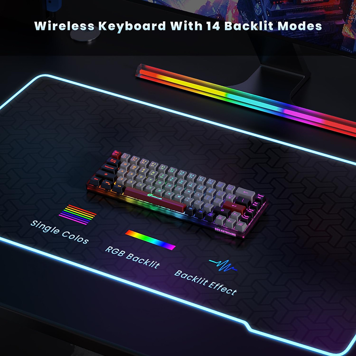 GEODMAER GM68 65% Wireless Gaming Keyboard, Rechargeable RGB Backlit Gaming Keyboard with 14 Backlit Modes, 68 Keys Ultra-Compact Anti-ghosting Keyboard for PC Laptop
