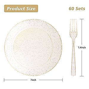 Goodluck 120PCS Gold Glitter Plates with Plastic Forks, Gold Dessert Plates for 60 Guests, Heavy Duty Disposable Plates for Party, Including 60 7" Plastic Plates and 60 7.4" Plastic Forks