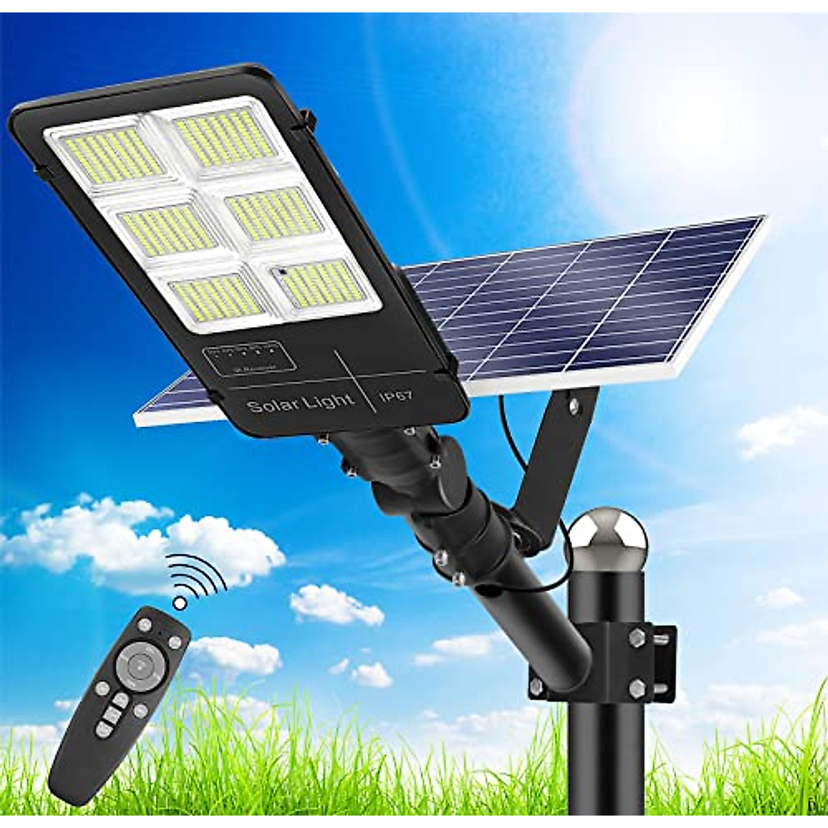 AITERMOND 1400W Solar Street Light, Dusk to Dawn, 6000K LED Flood Lights with Remote Control & Motion Sensor, Waterproof IP67 Security Light for Yard, Garden, Parking Lot