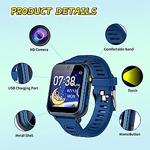 Vakzovy Kids Smart Watch Boys Girls Gifts for 3-12 Year Old, 24 Games HD Touch Screen Camera Video Music Pedometer Flashlight Alarm Clock Smart Watch for Kids Birthday Gifts for 6 7 8 9 Year Olds