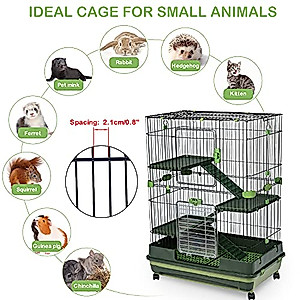 Origeture 4-Level 32" Metal Small Animal Cage Height Adjustable Rabbit Chinchilla Ferret Bunny Cage with Lockable Casters Grilles Slide-Out Tray for Guinea Pig Squirrel Hedgehog (Green)