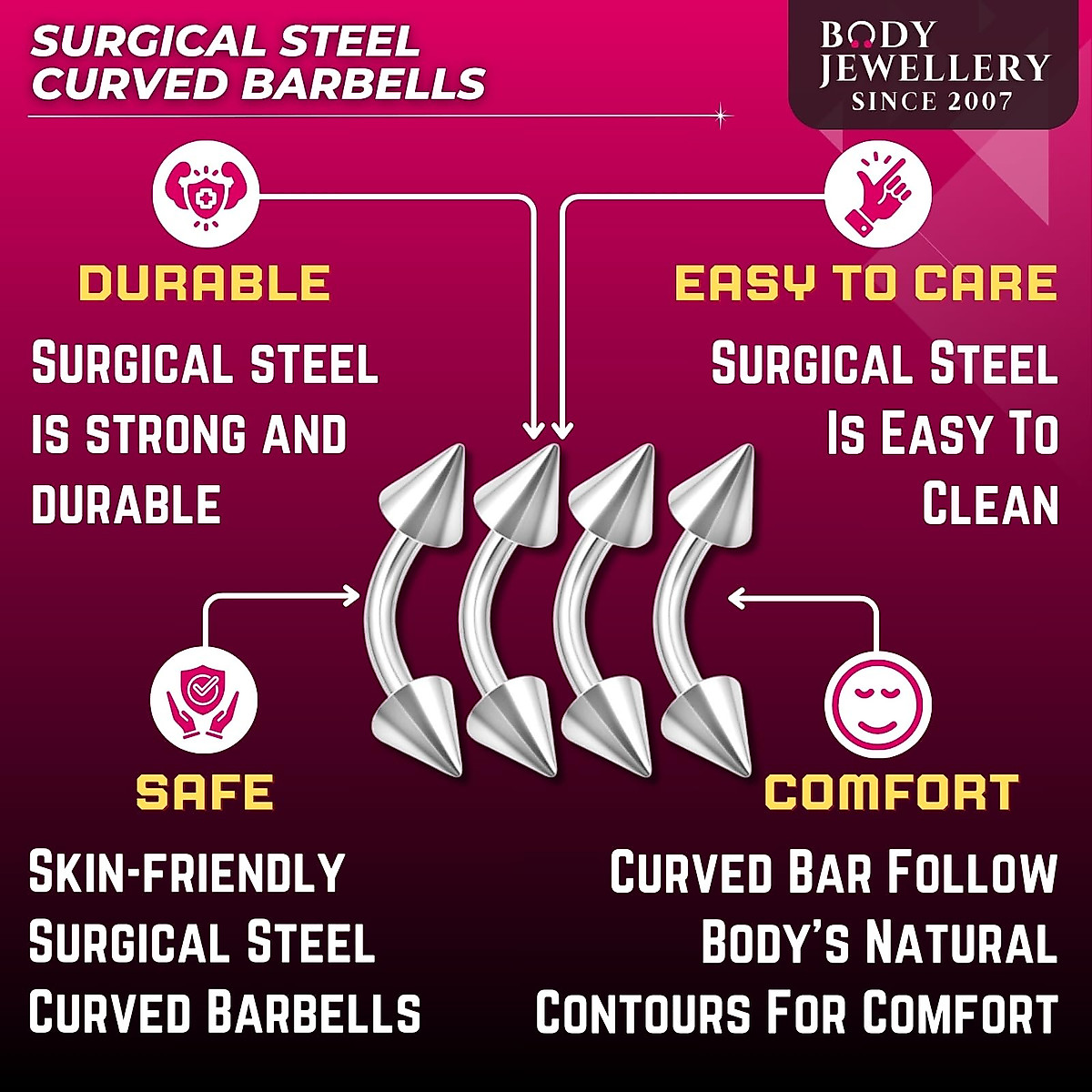 bodyjewellery 4pcs 14g Curved Barbell Septum Cartilage Earring Eyebrow Nose Lip Tragus Rook Daith Conch Stud Steel 4mm Spike - 8mm