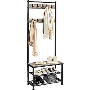Yaheetech 3-in-1 Hall Tree Coat Rack with Shoe Storage Bench, Entryway Coat Rack Shoe Bench with 9 Movable Hooks, Industrial Accent Furniture with Metal Frame, Easy Assembly, Gray