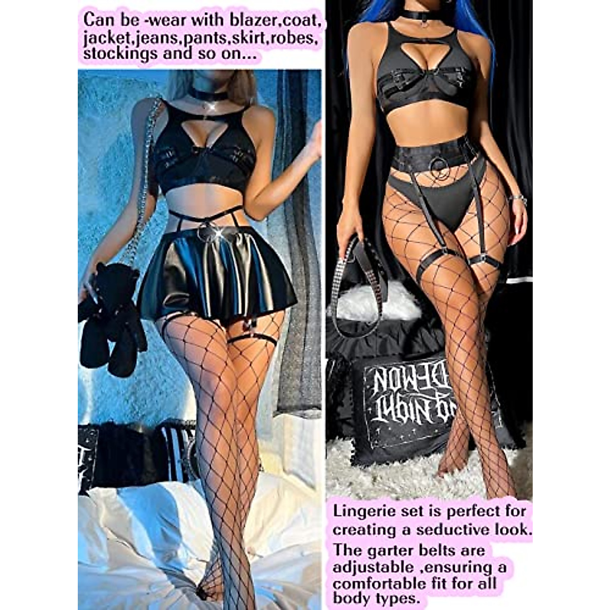 Avidlove Sexy Lingerie Set for Women with Underwire Bondaged Lingerie Set Strappy Push Up 5 Piece Garter Lingerie Set(No Stockings) Black