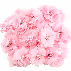 30 PCS Rhinestone Pearl Pink Chiffon Flower Sewing Fabric Appliques for Clothing, Headbands Flower, Crafts, Party Decoration, Sewing Applique
